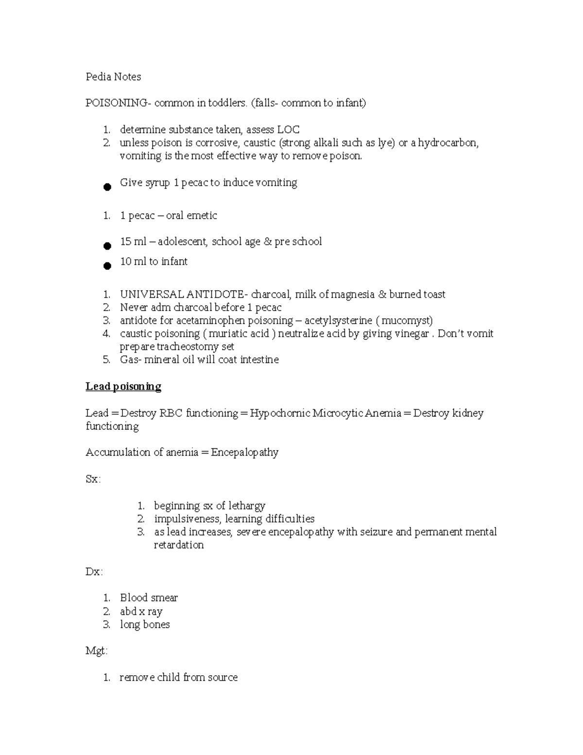 Pedia-Notes - nursing - Pedia Notes POISONING- common in toddlers ...