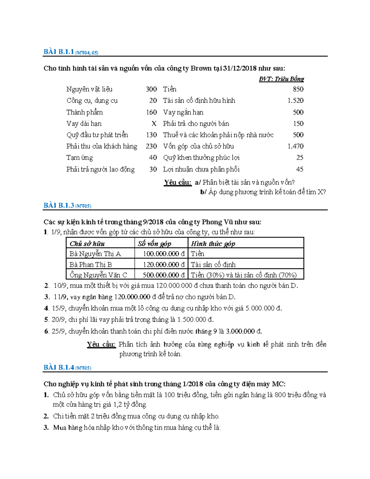 BÀI TẬP CHƯƠNG 1 - PHẦN B - BÀI TẬP NGUYÊN LÍ KẾ TOÁN - BÀI B.1 (MT04 ...