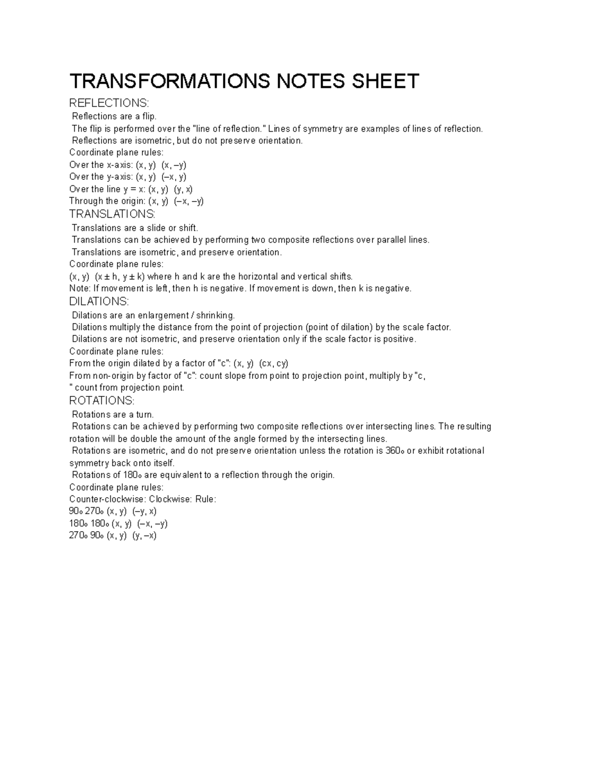 Transformations Notes Sheet: Reflections, Translations, Dilations ...