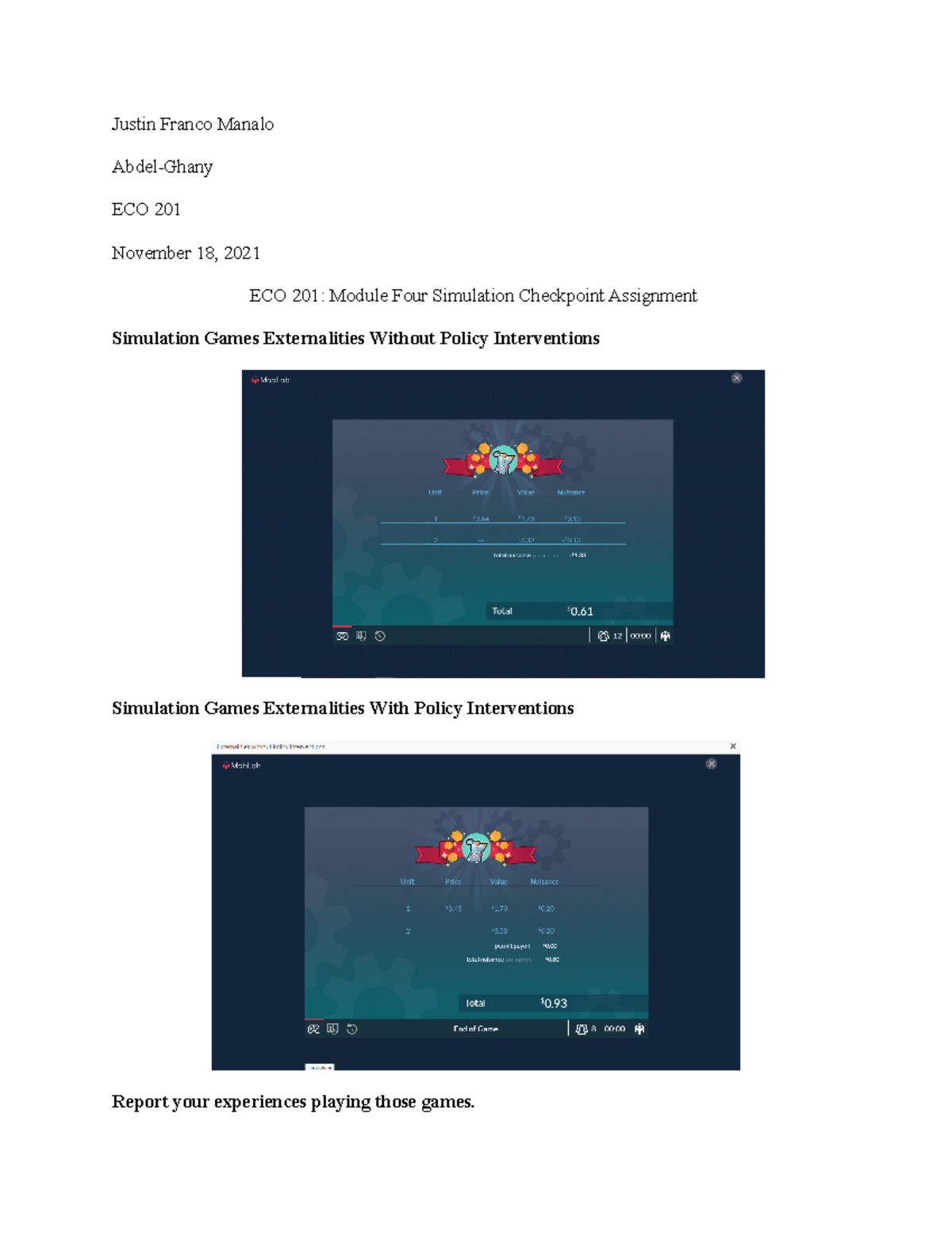 ECO 201 Module Four Simulation Checkpoint Assignment - Justin Franco ...
