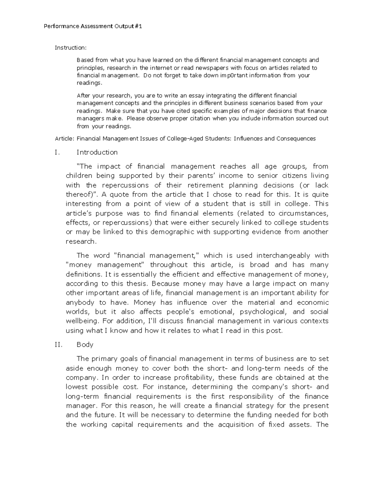 Performance Assessment Output #1: Financial Management Concepts in ...