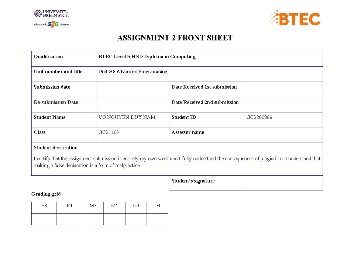 Unit 20 - Assignment 2 frontsheet - ASSIGNMENT 2 FRONT SHEET ...