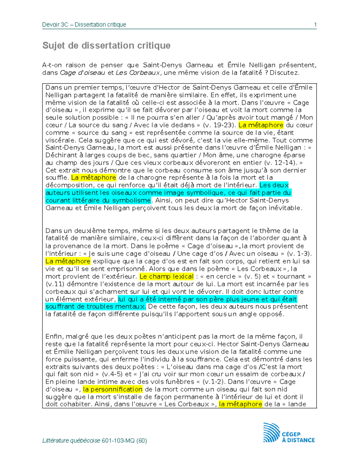 601-103-MQ dev 03C - Résumé Littérature québécoise - Devoir 3C ...