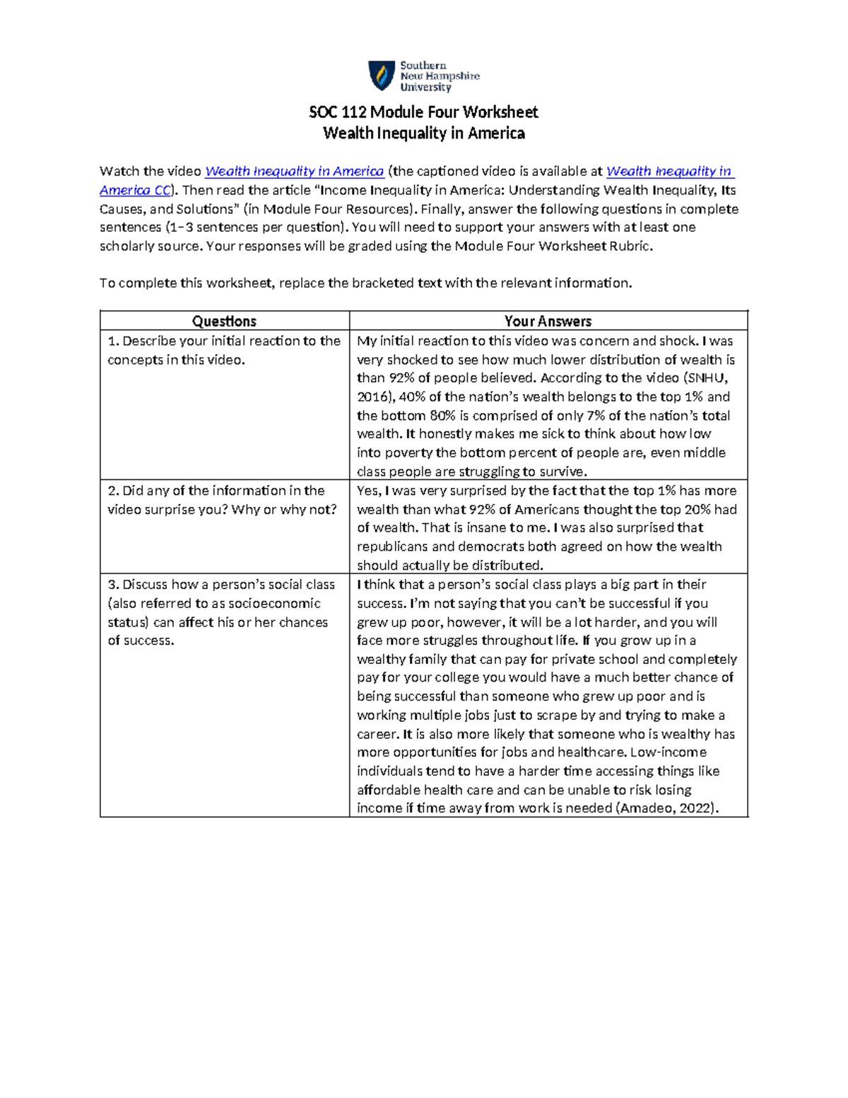 SOC112 Module 4 Worksheet on Wealth Inequality in America - Studocu