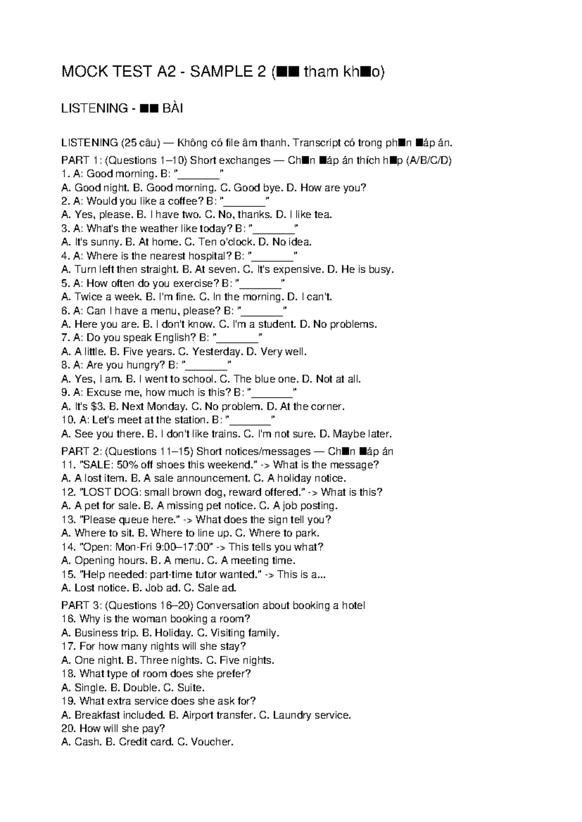 Mock Test A2 Sample 2 - Listening and Reading Practice - Studocu