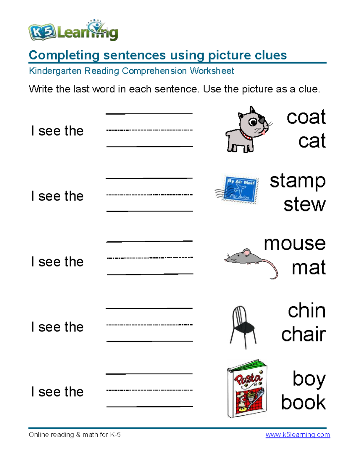 Kindergarten reading comprehension complete sentence 1 - English ...