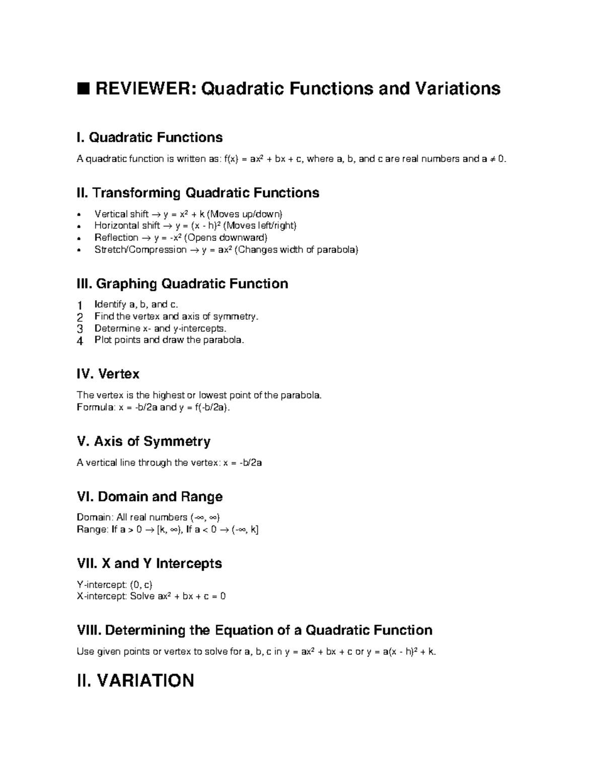 REVIEWER: Quadratic Functions & Variations I - Key Concepts - Studocu