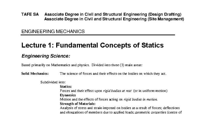TAFE SA Engineering Mechanics Lecture 1: Fundamentals of Statics and ...