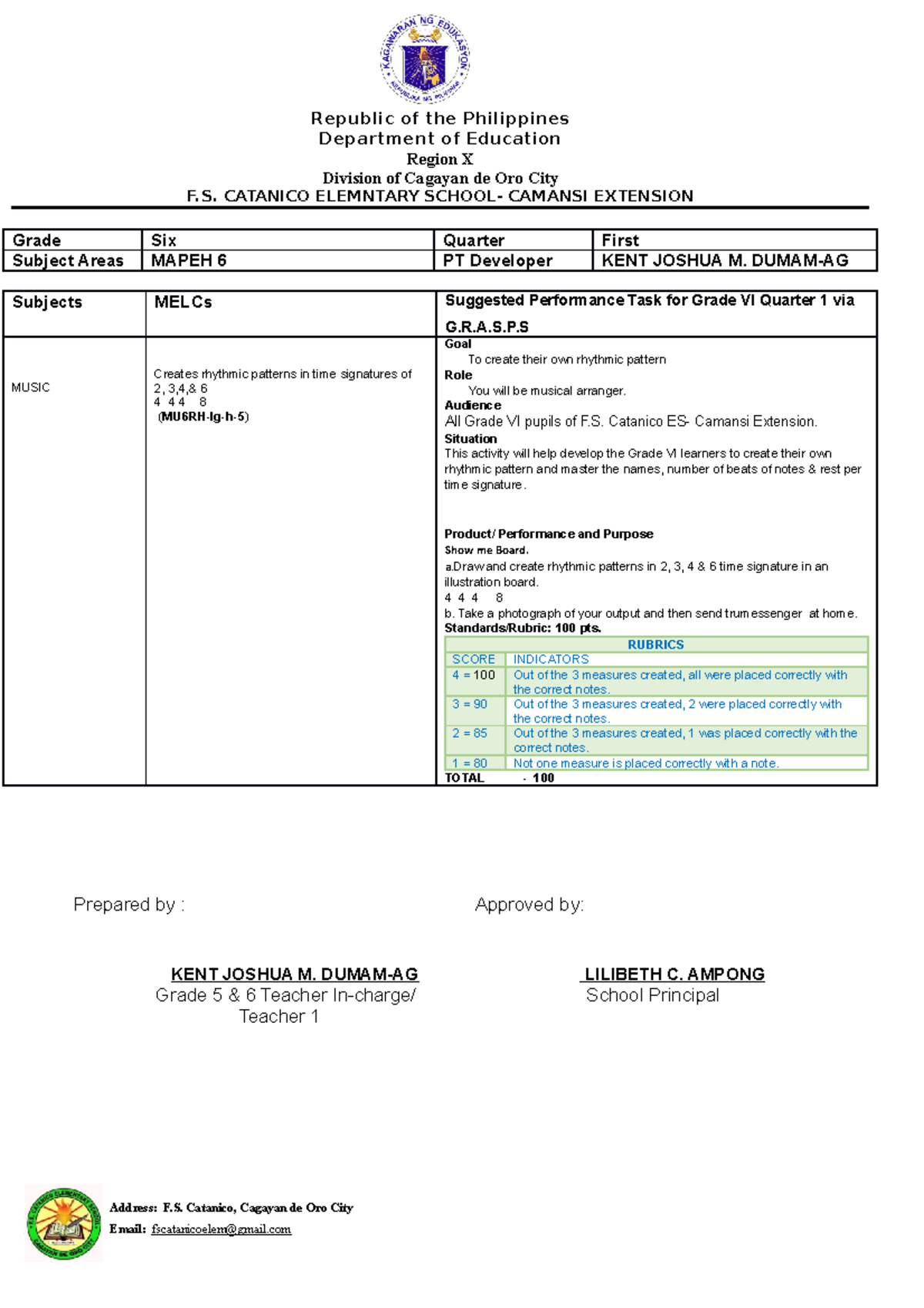 Grade 6 Quarter 1 Performance Tasks in MAPEH and Health - Studocu