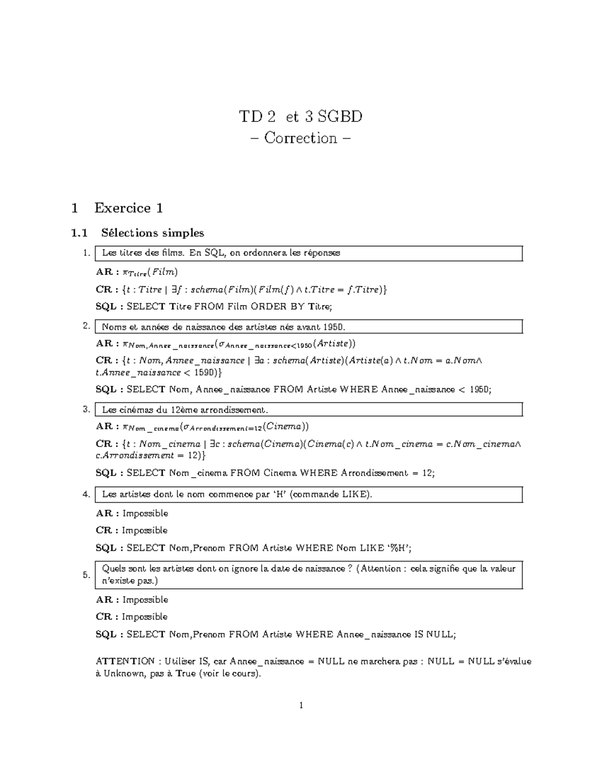 Td2 et 3 sgbd Correction système de gestion de bases de données - TD 2 et 3 SGBD – Correction ...