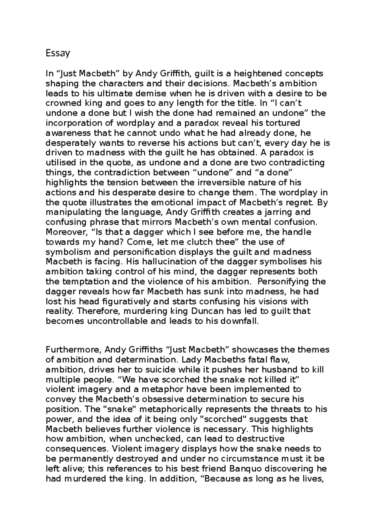 Essay "Just Macbeth" - Guilt and Ambition in Shakespeare's Tragedy ...