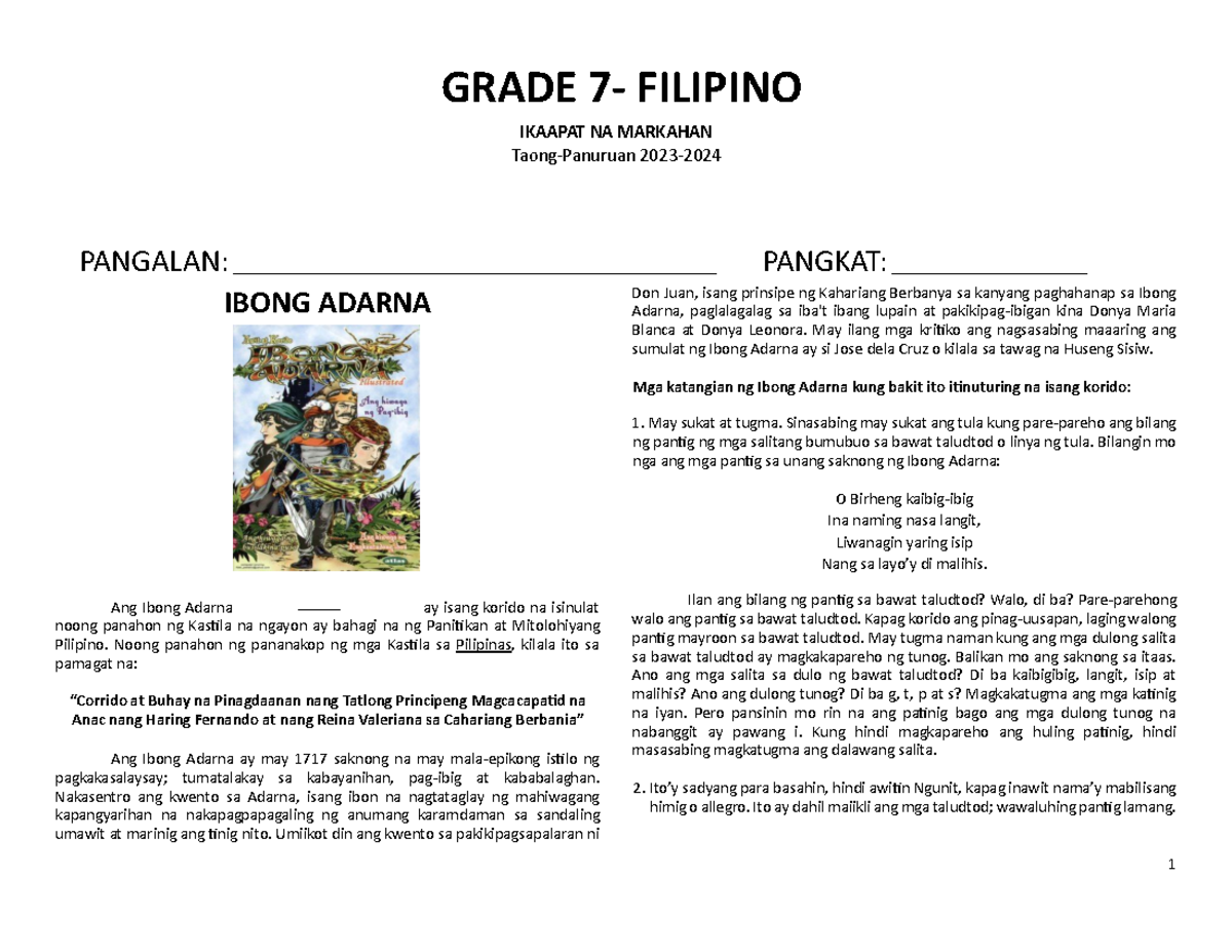 Ibong Adarna: Kabanata at Aral para sa GRADE 7-FILIPINO Module - Studocu