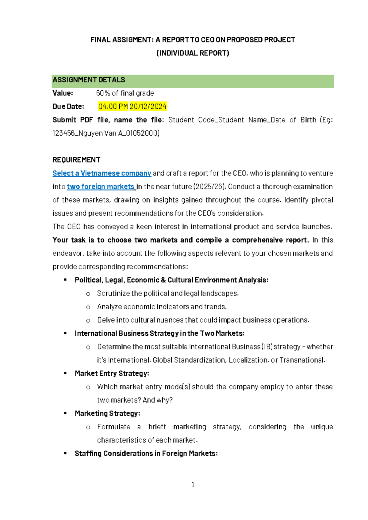 IB final assignment 2024 - FINAL ASSIGMENT: A REPORT TO CEO ON PROPOSED ...