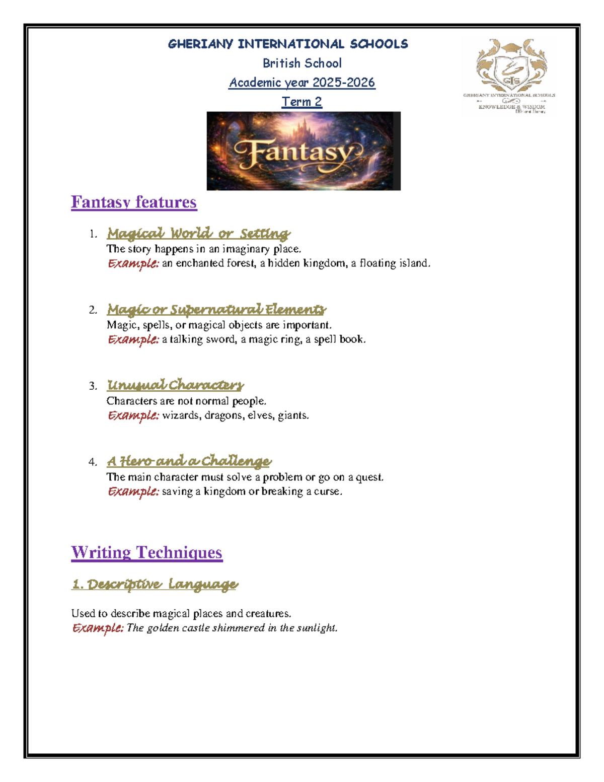 Fantasy Features and Writing Techniques - GHERIANY INT SCHOOLS - Studocu