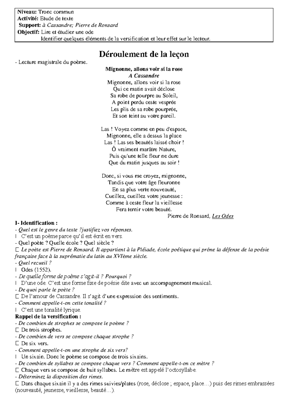 Niveau: Tronc commun - Étude de l'Ode "Mignonne, allons voir si la rose ...