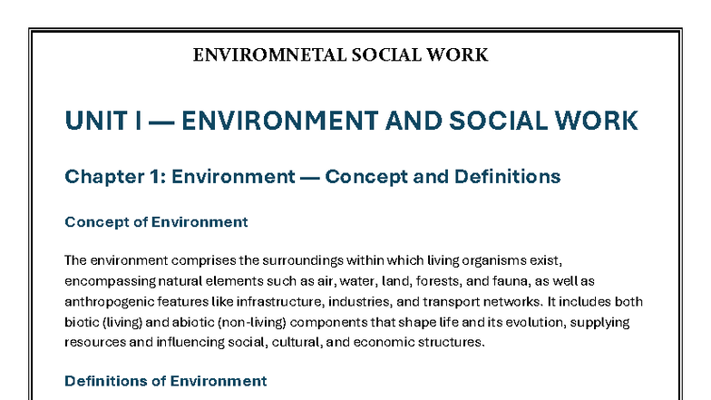 ENVIRONMENTAL SOCIAL WORK UNIT I: Concepts & Definitions in ESW A - Studocu