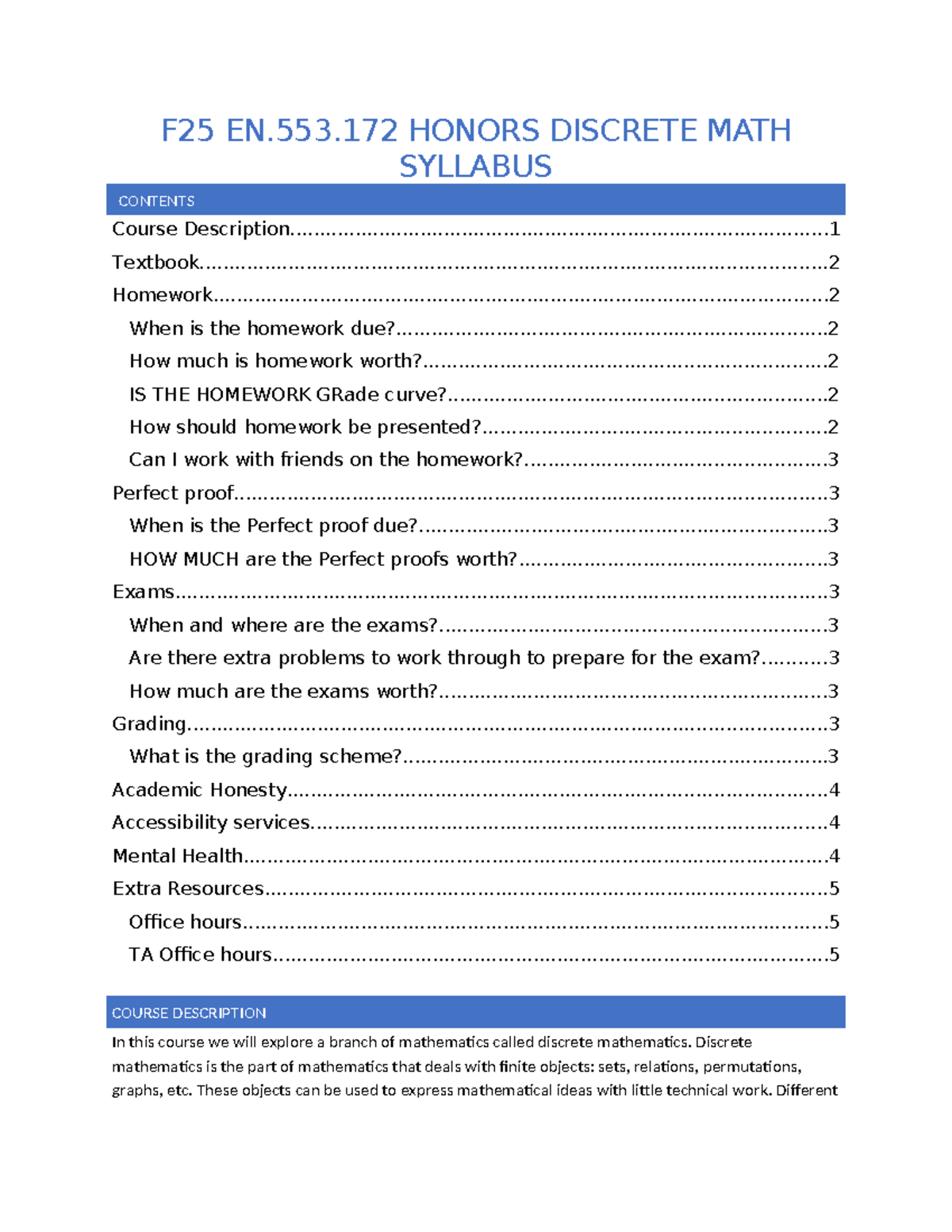 F25 EN.553.172 Honors Discrete Math Syllabus Overview - Studocu