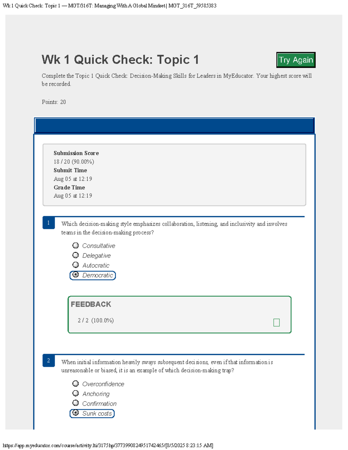 Wk 1 Quick Check: Topic 1 - Managing With A Global Mindset MGT_316T ...