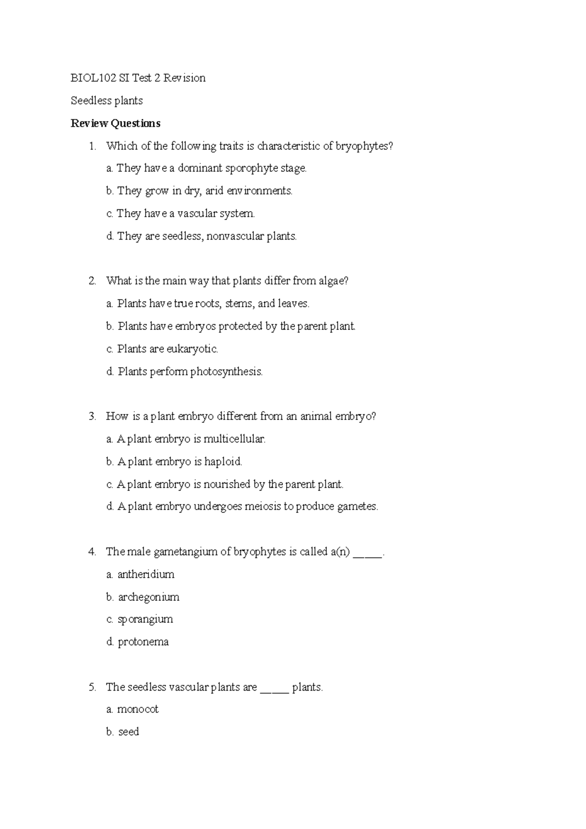 BIOL102 SI Test 2 Revision: Seedless Plants Review Questions - Studocu