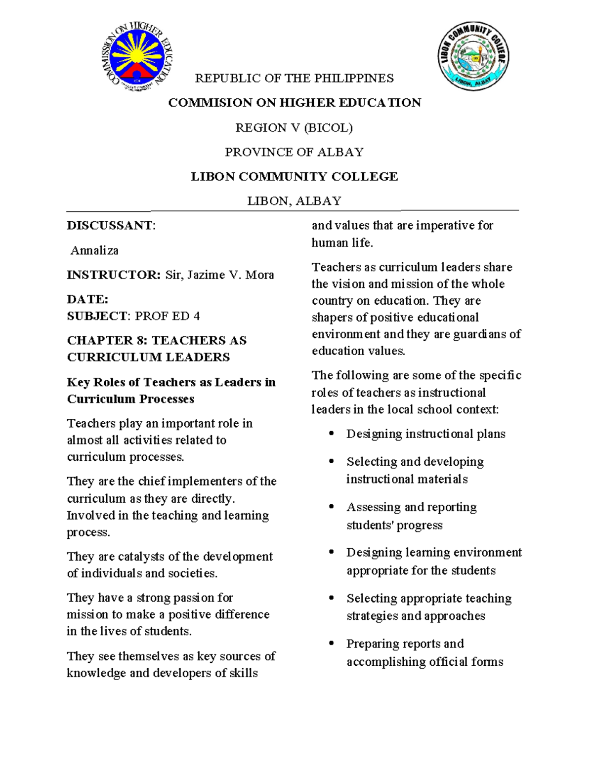 PROF ED 4 Chapter 8 Handouts - REPUBLIC OF THE PHILIPPINES COMMISION ON ...