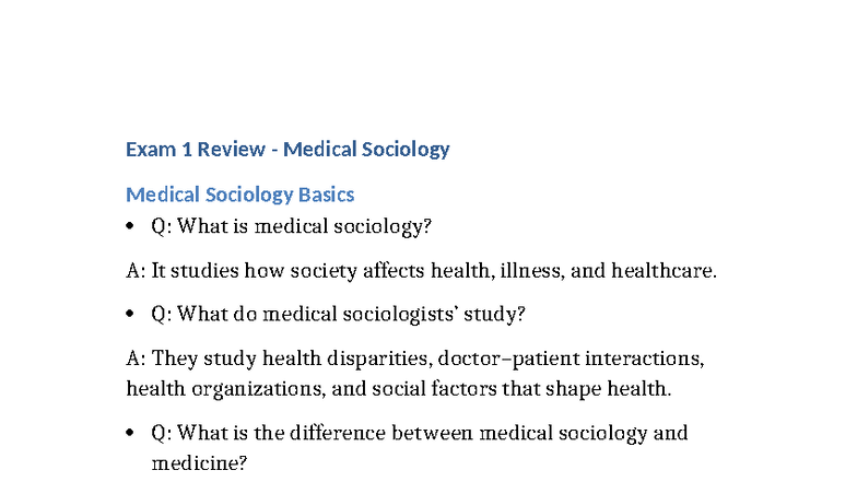 Exam 1 Review: Medical Sociology Basics and Key Concepts - Studocu