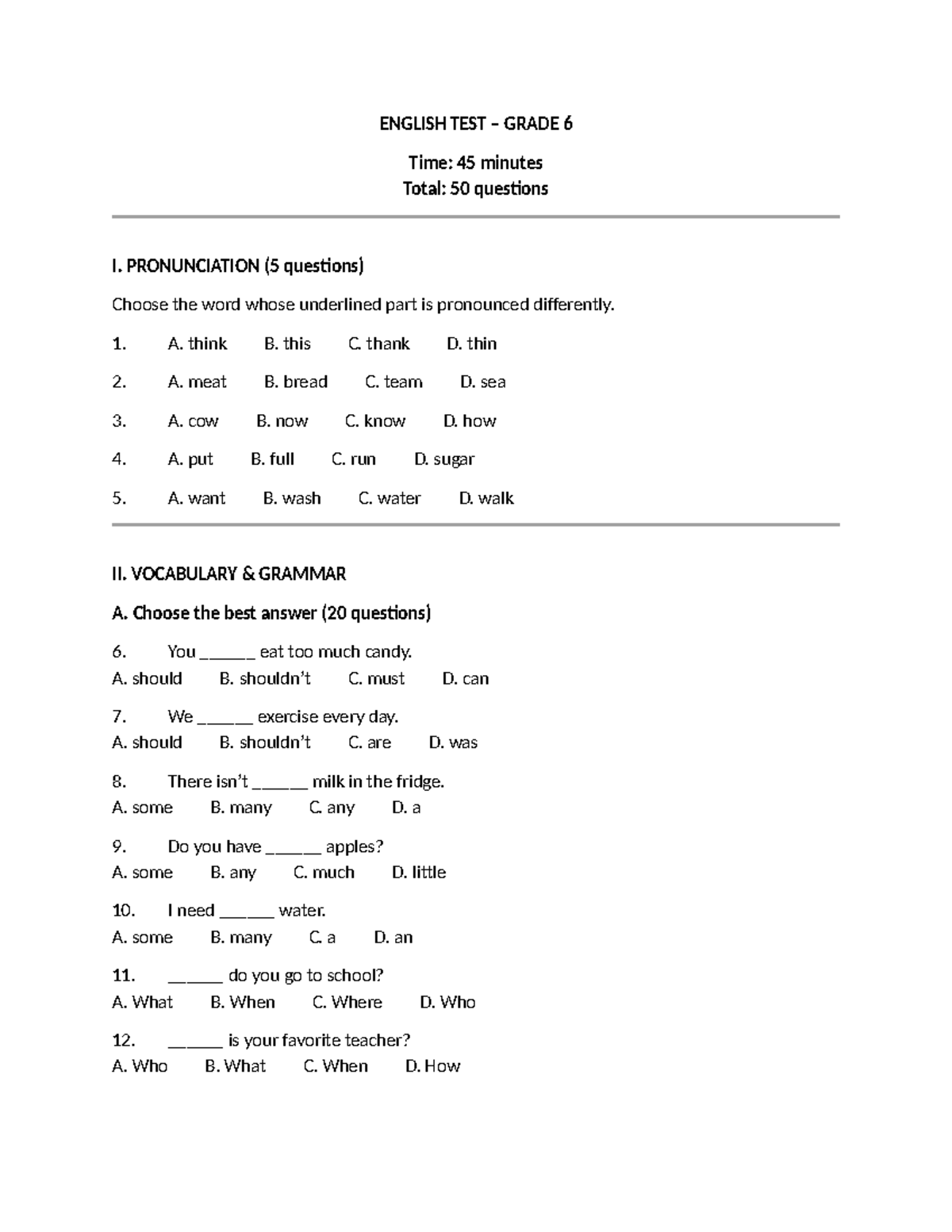 ENGLISH GRADE 6 TEST: Pronunciation, Vocabulary & Grammar - Studocu