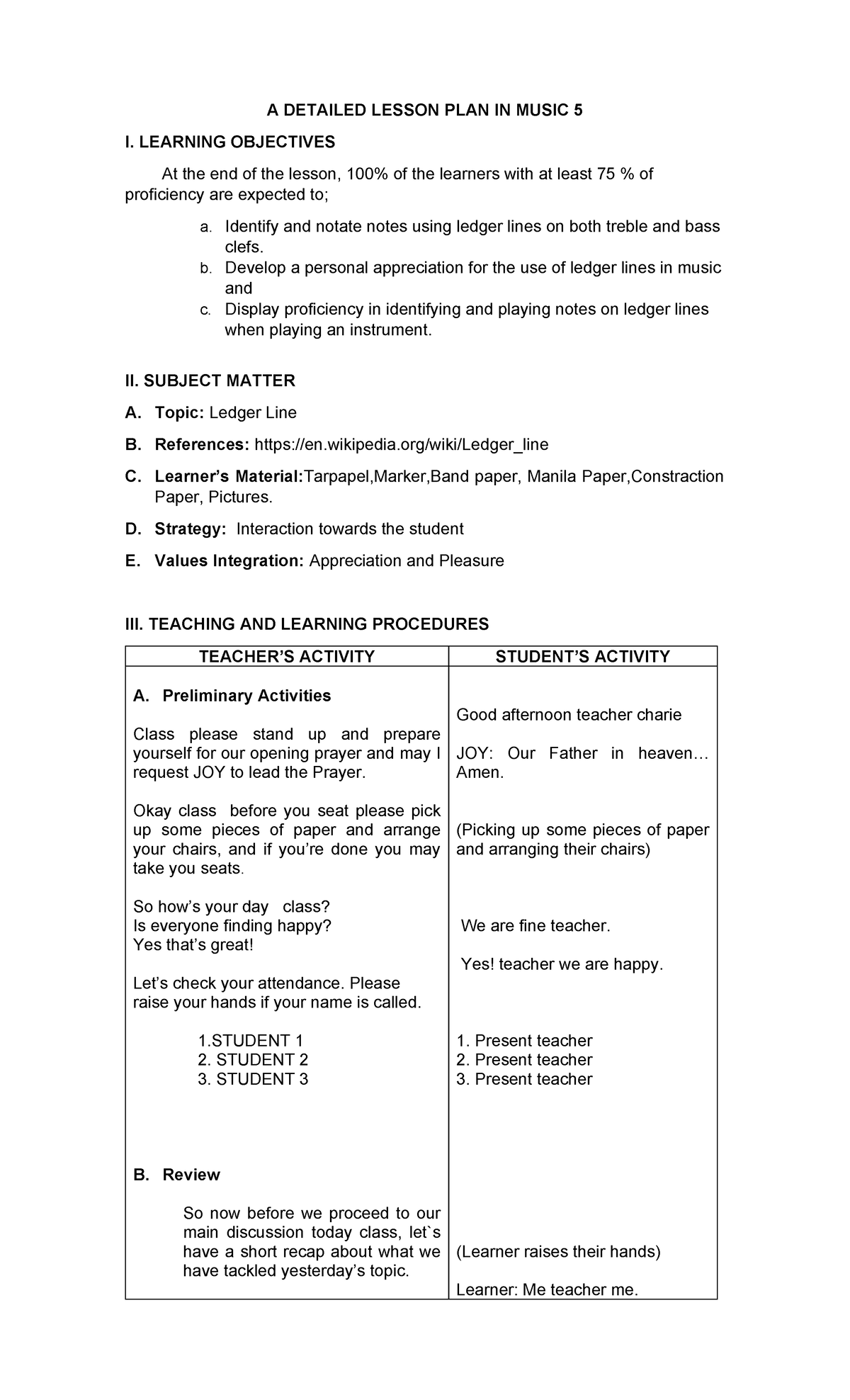 A Detailed Lesson Plan on Ledger Lines for Music 5 - Studocu