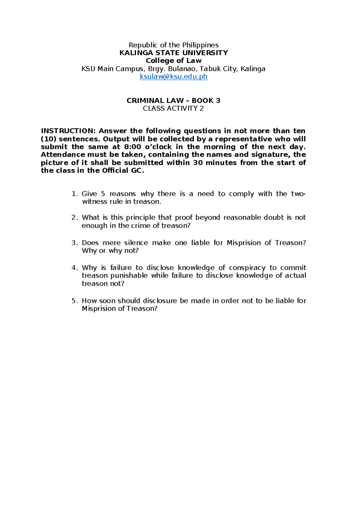 CRIMINAL LAW BOOK 3 CLASS ACTIVITY 2 - KSU 2025 - Studocu