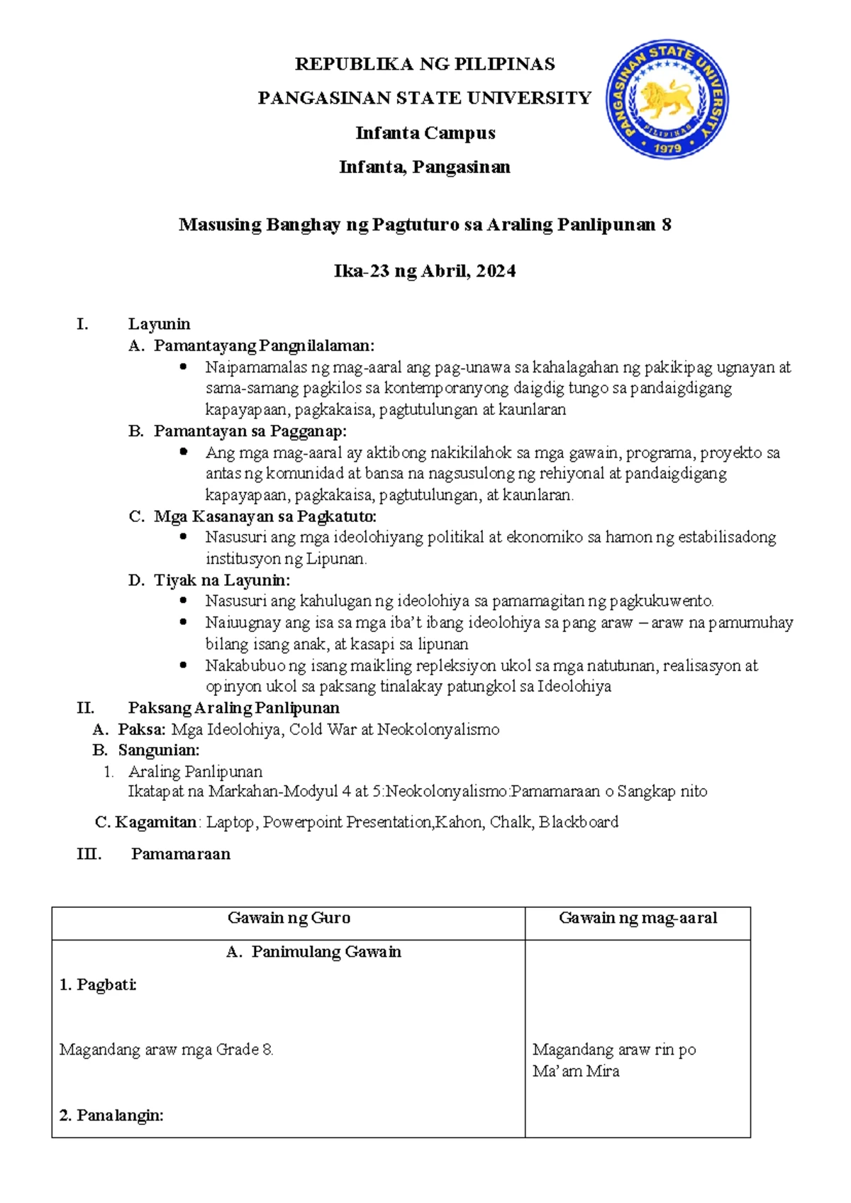 USON Detailed Lesson Plan - Republic of the Philippines DEPARTMENT OF EDUCATION Region I Schools ...