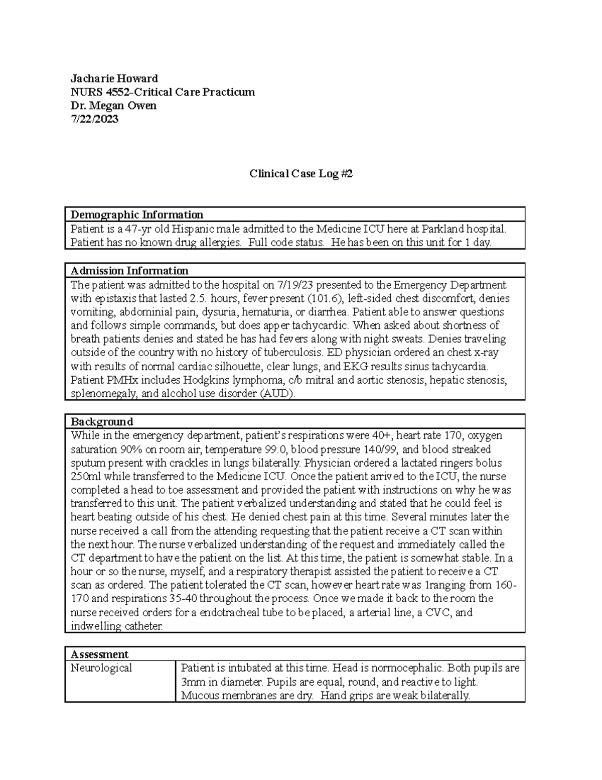 NURS 4552 Case Log #2 - Critical Care Patient Assessment & Analysis ...