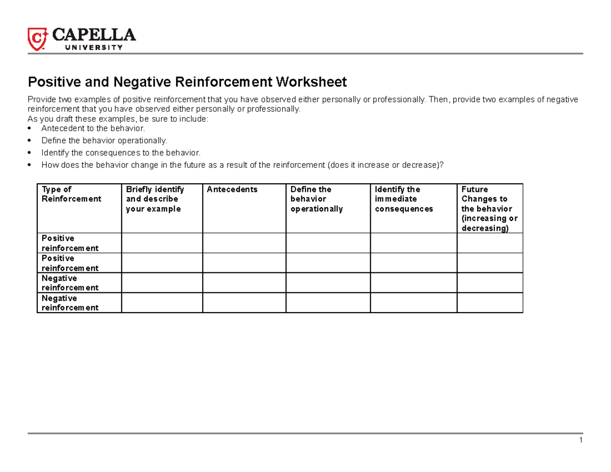PsYC4001 Positive & Negative Reinforcement Worksheet Examples - Studocu