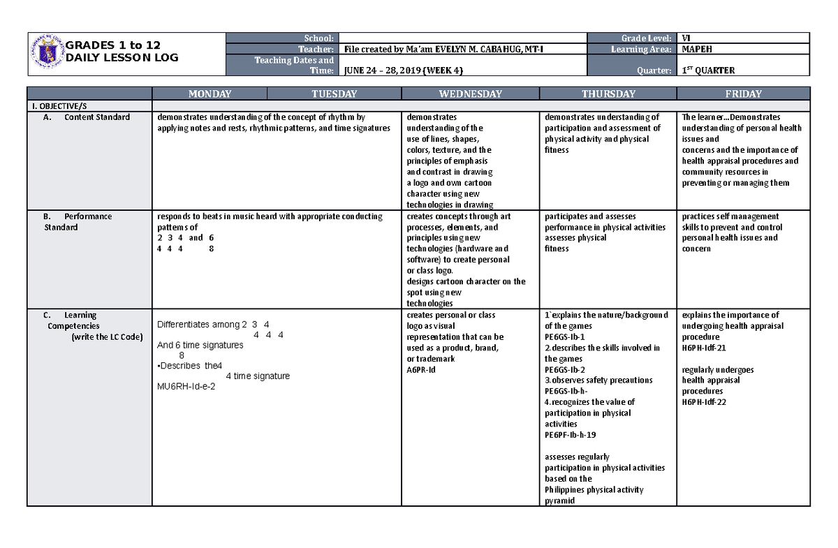 DLL MAPEH 6 Q1 W4 - Comprehensive Lesson Plan Overview - Studocu
