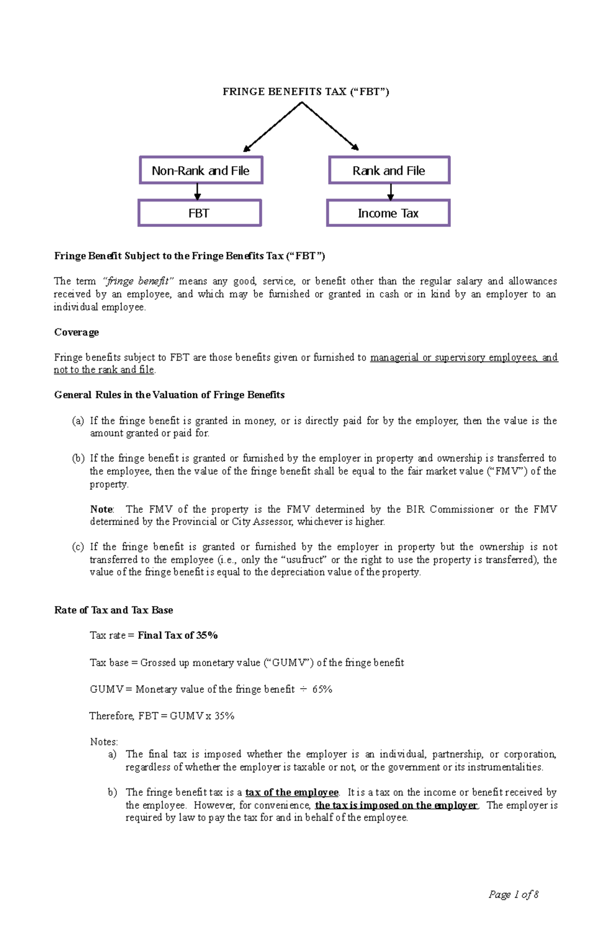 Fringe Benefits Tax Guidelines and Regulations - Tax 41 Documentation - Studocu