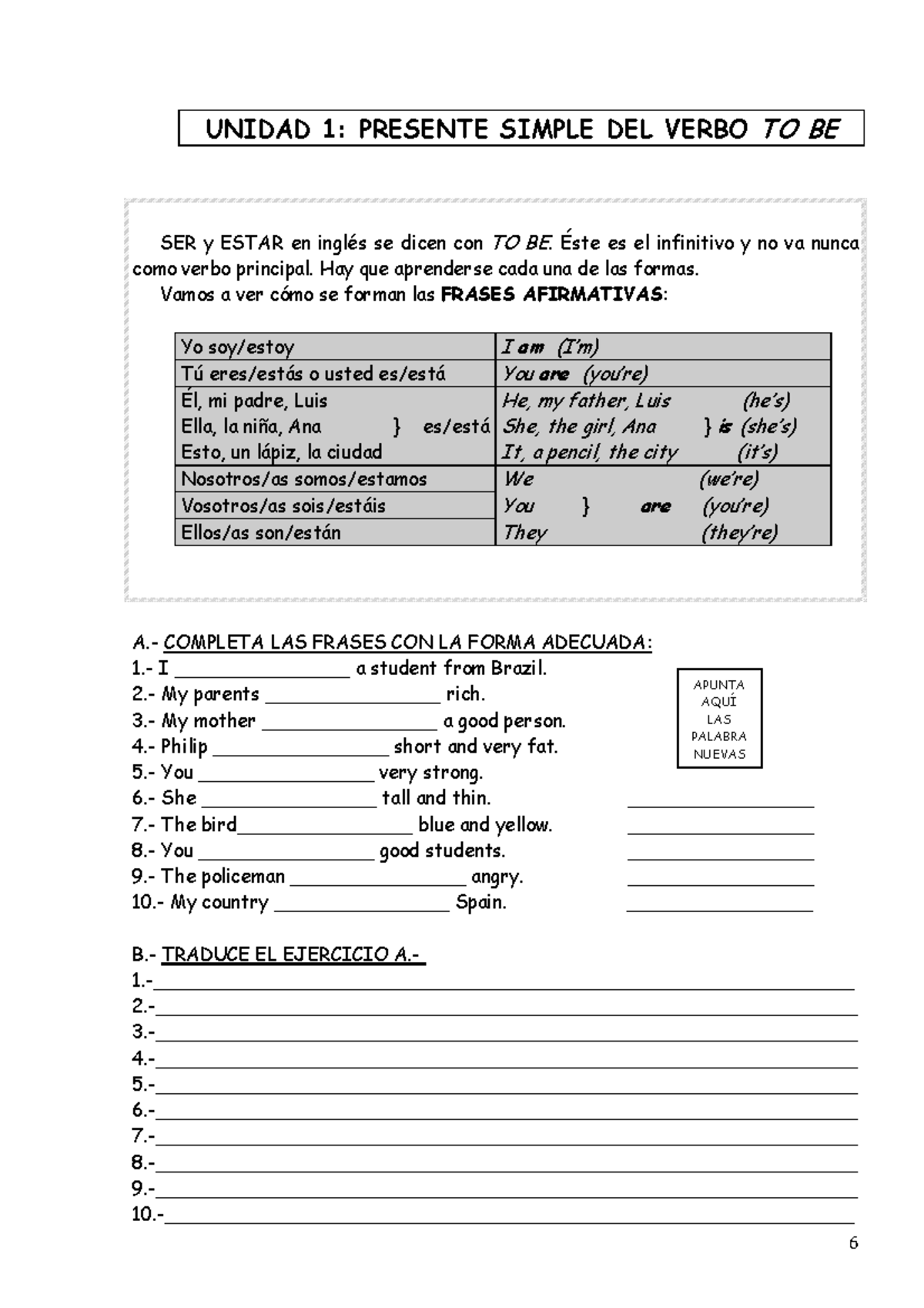 1 Presente Simple TO BE - Apuntes de Unidad 1 - Studocu
