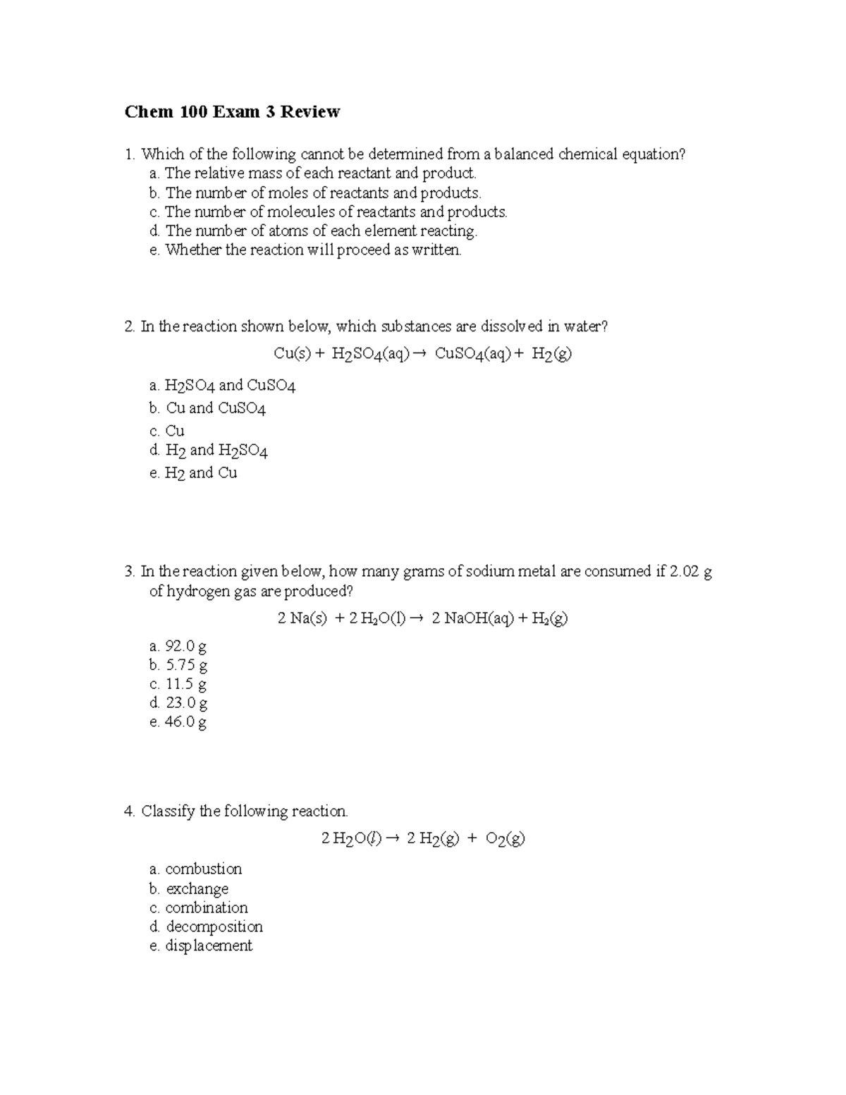 Chem 100 Exam 3 Review Guide: Key Concepts and Practice Questions - Studocu