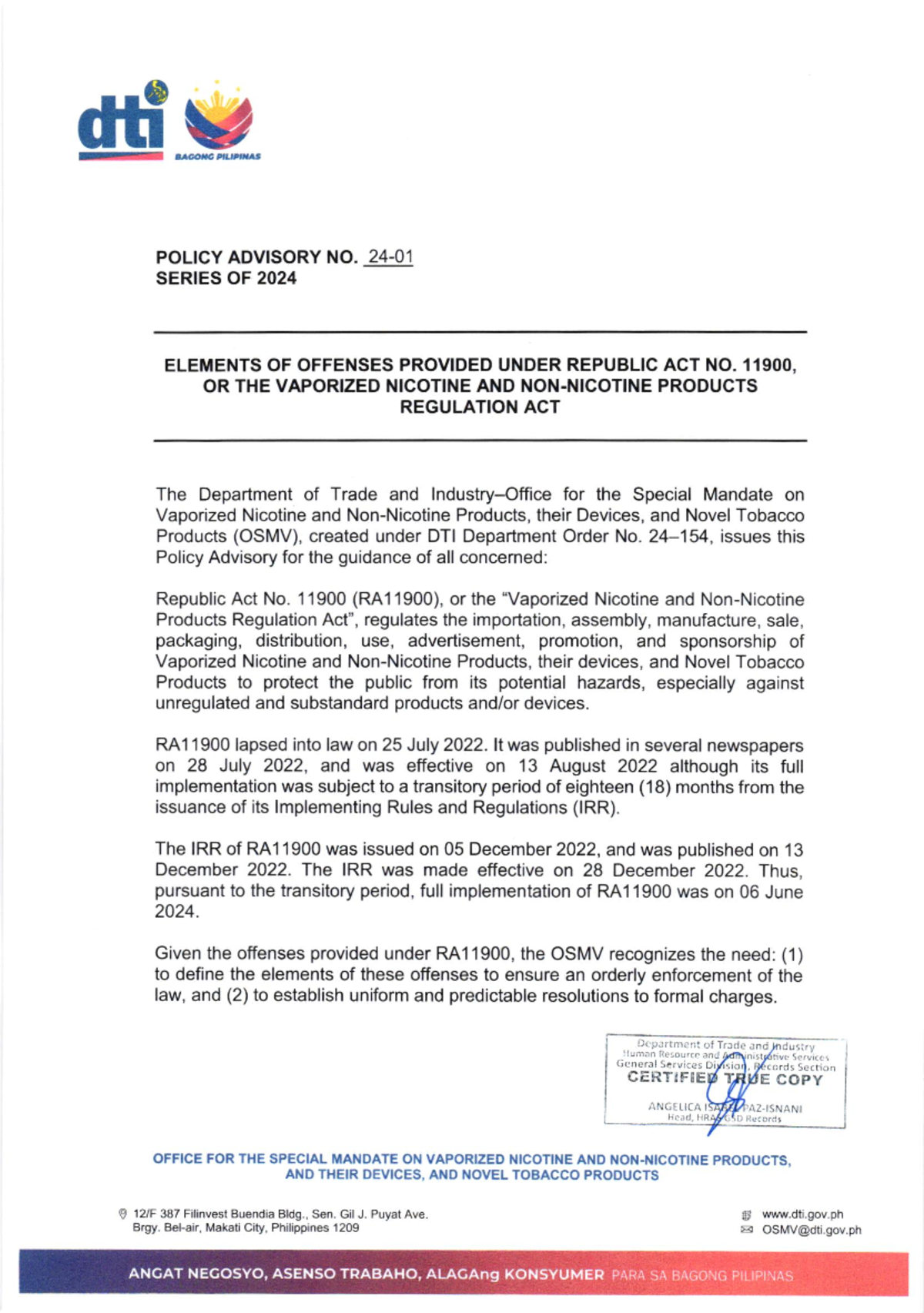 DTI Policy Advisory No. 24-01: Offenses Under RA 11900 Guidelines - Studocu