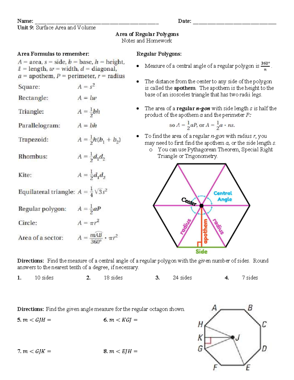 Unit 9: Surface Area & Volume - Regular Polygons Notes & Homework - Studocu