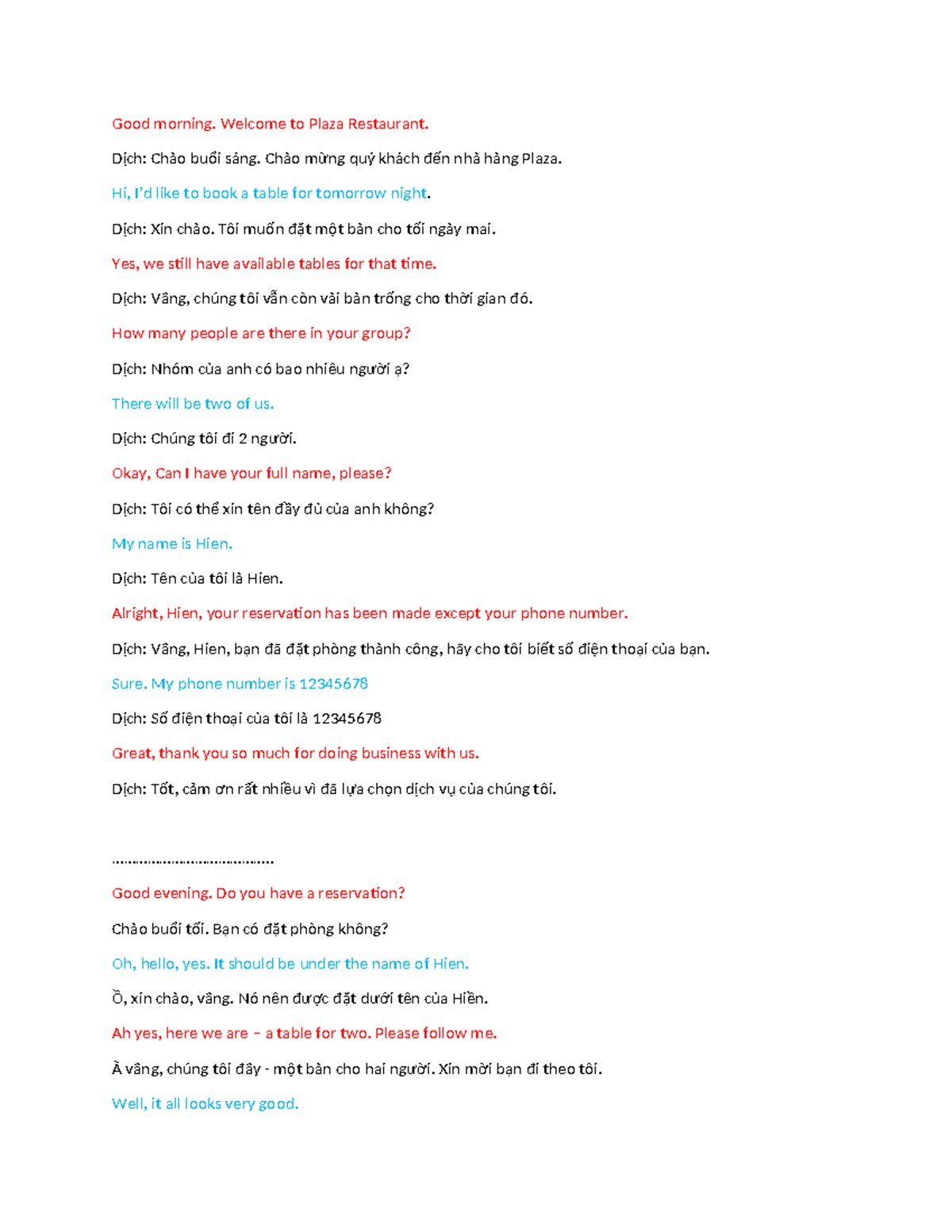 Unit-6 - Conversation Practice at Plaza Restaurant - Studocu