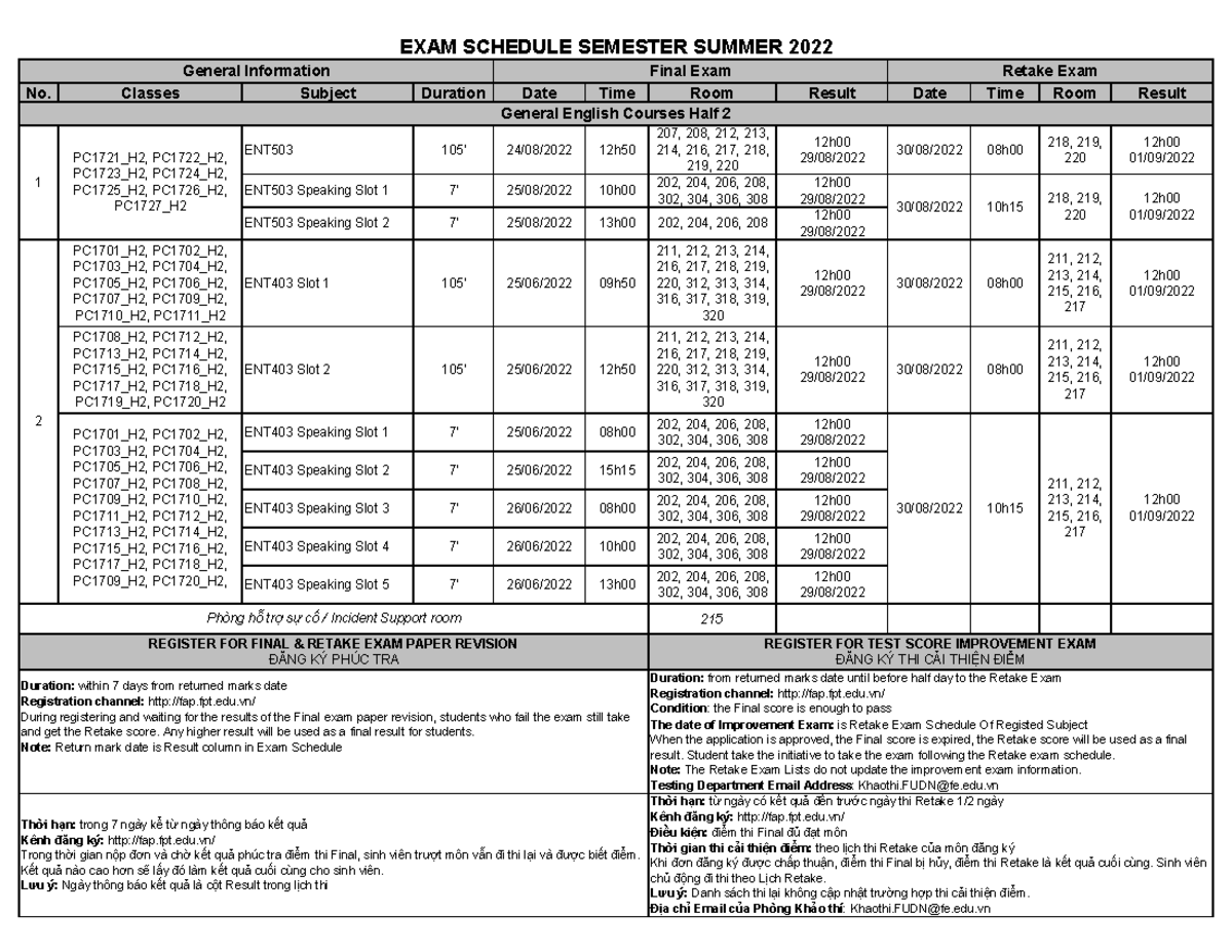 Exam Plan of Half2-Summer 2022-v1 - No. Classes Subject Duration Date ...