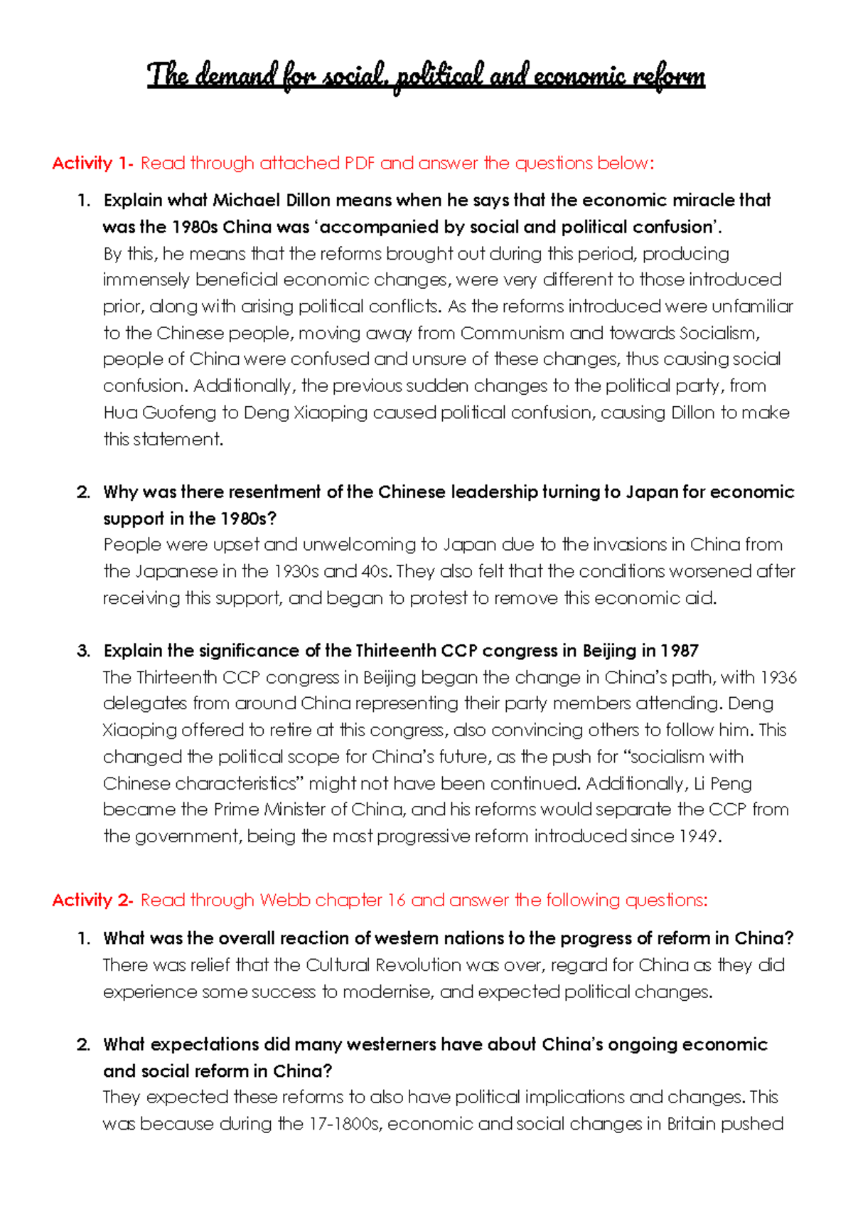 Demand for Political, Social & Economic Reform Activities (HIST 101 ...