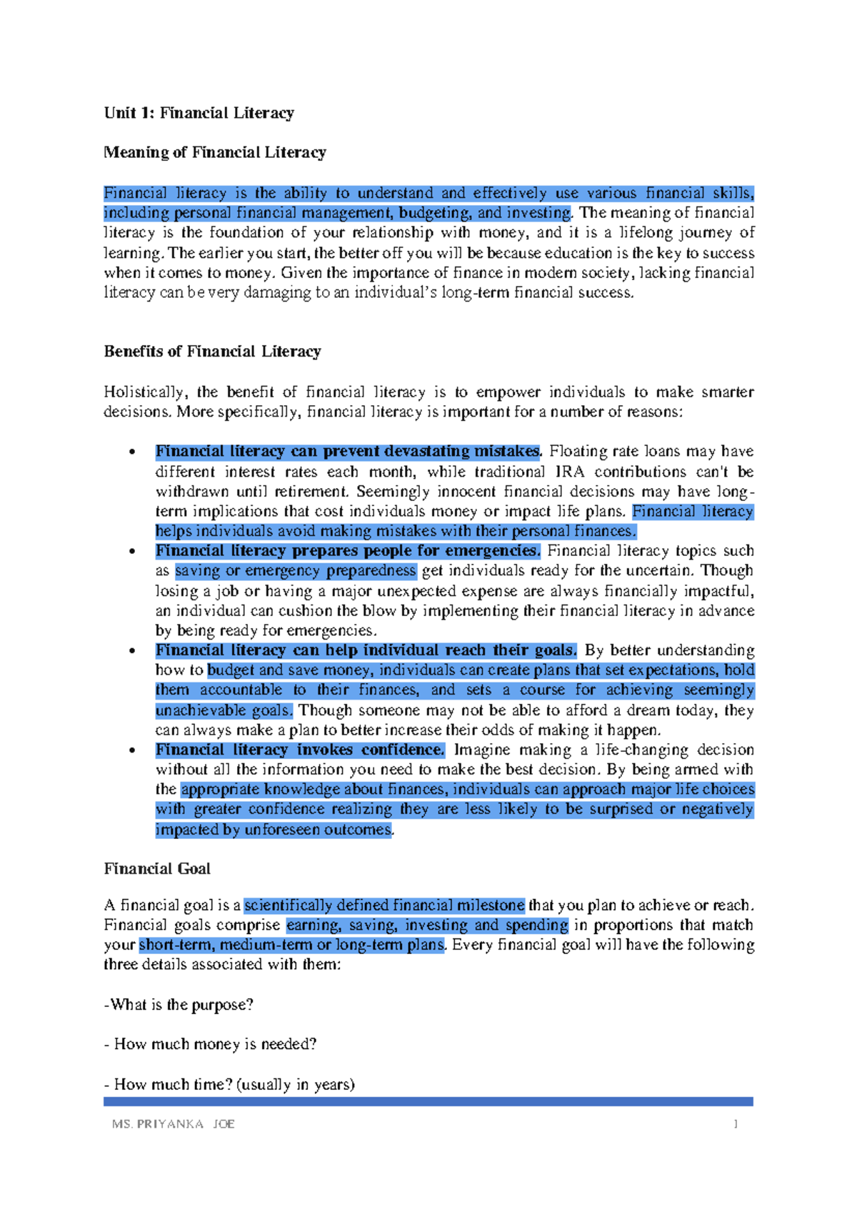 Financial Literacy Notes - Chapter 1 (Intro & Goals) - Studocu