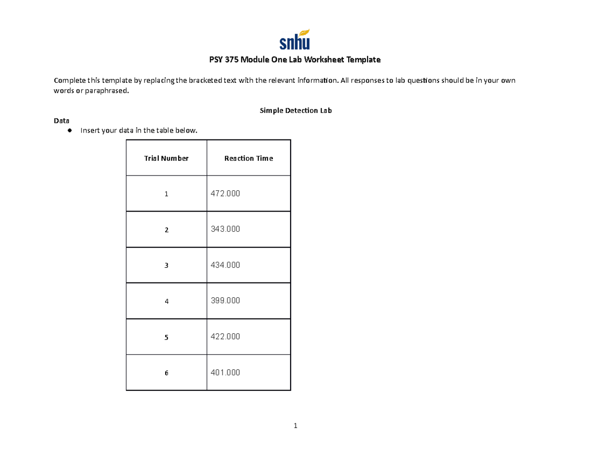 PSY 375 Module One Simple Detection and Signal Labs Worksheet - Studocu