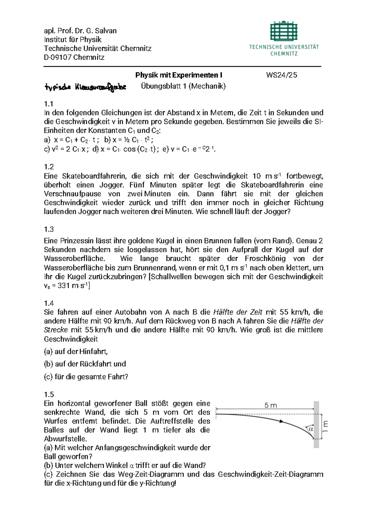 Physik mit Experimenten I: Typische Klausuraufgaben (WS) - Studocu