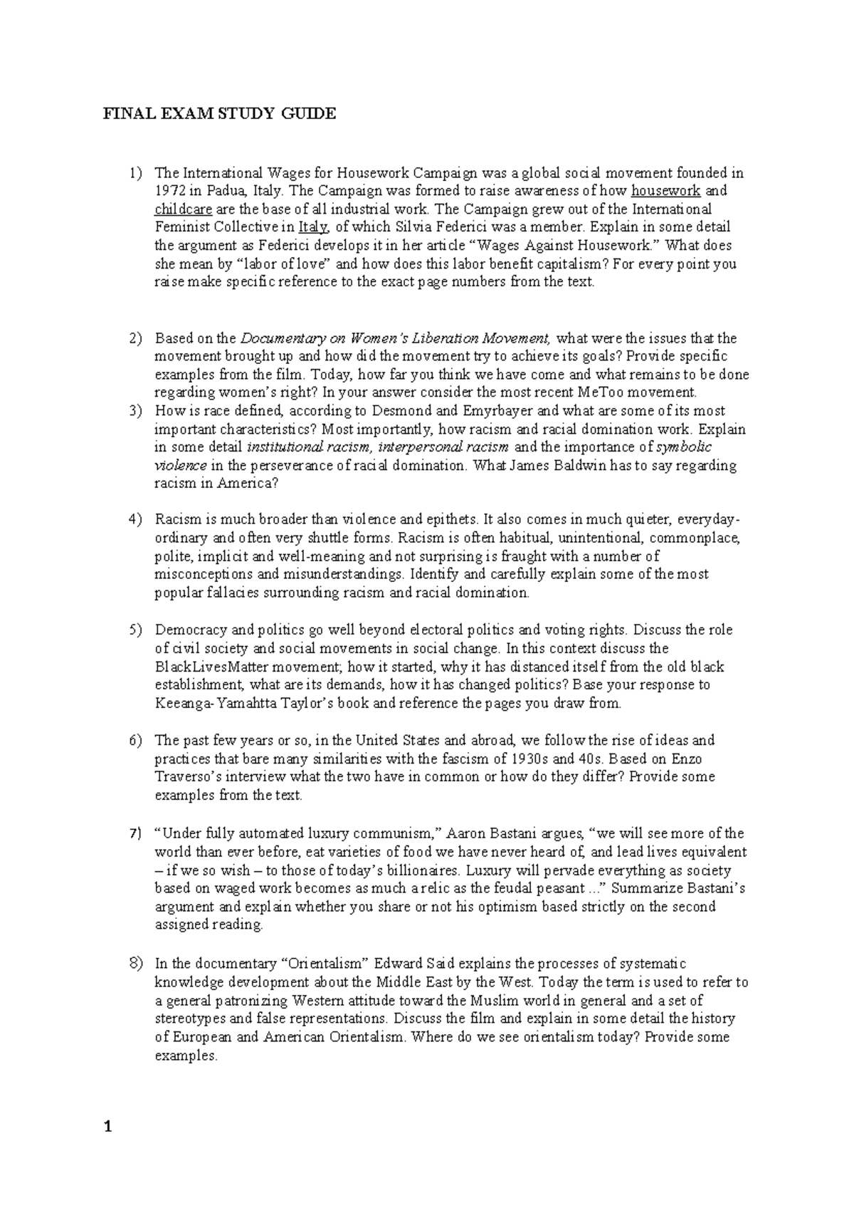 FINAL EXAM STUDY GUIDE: Key Concepts in Social Movements & Racism - Studocu