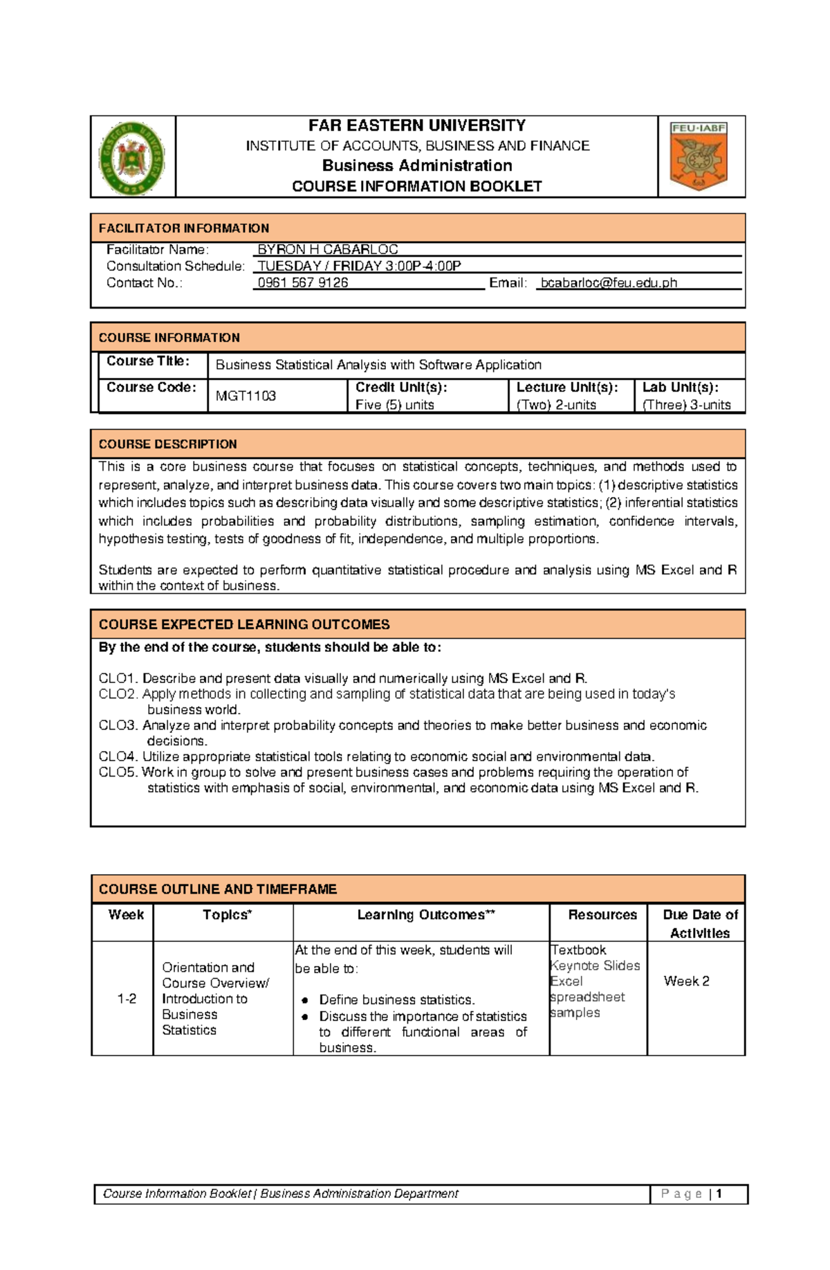 MGT1103 Business Statistical Analysis Course Information Booklet (2022) - Studocu