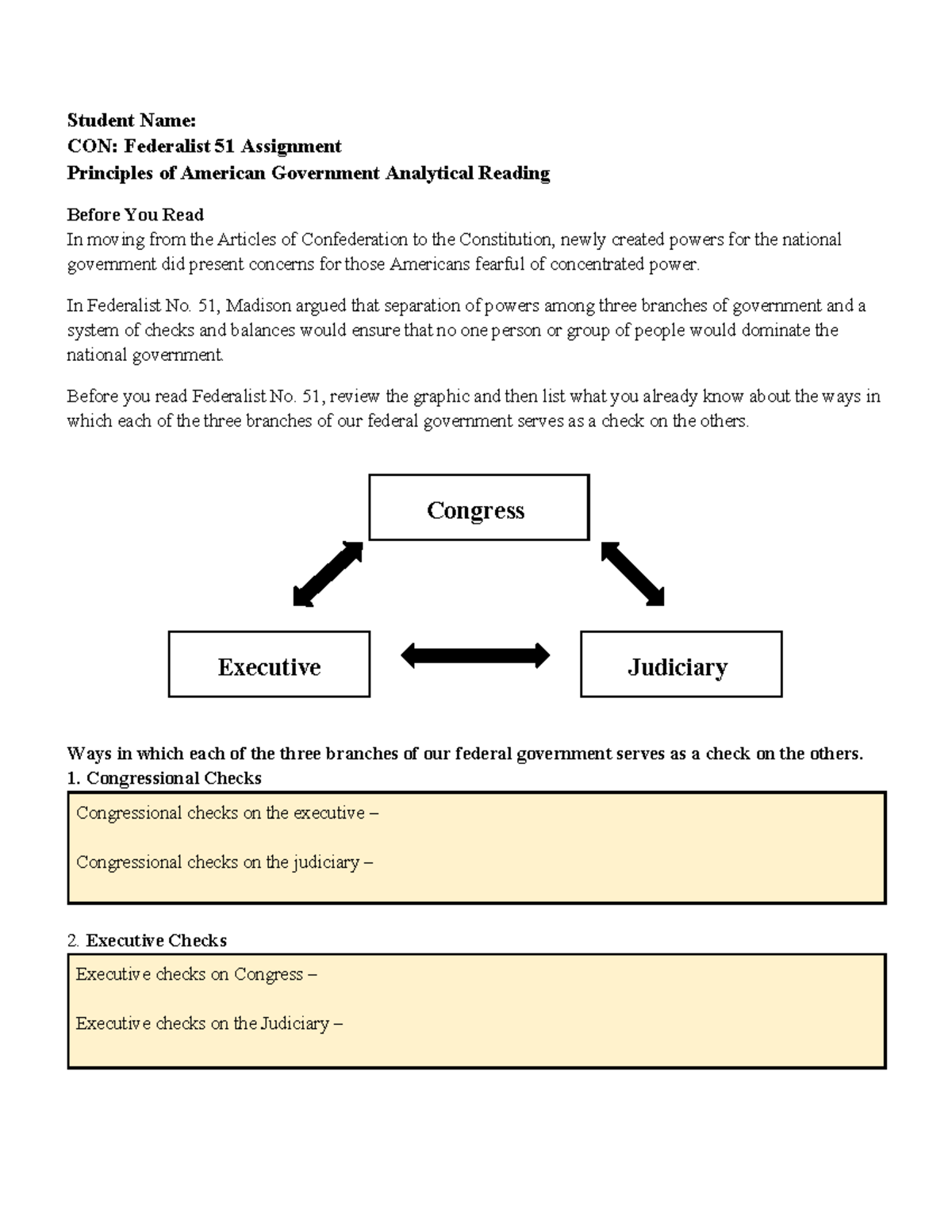 Gov CON: Federalist 51 Assignment on Separation of Powers & Checks ...