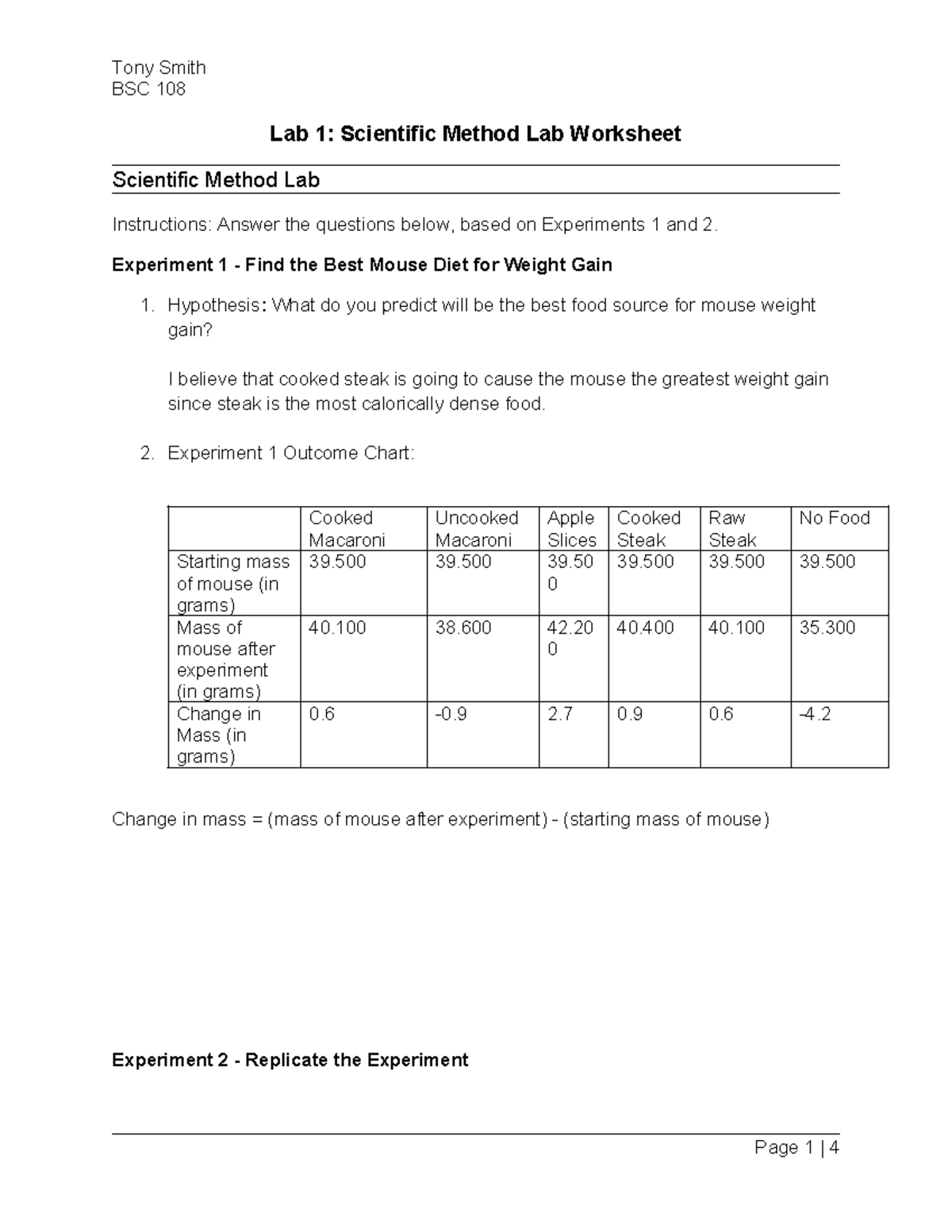 BSC 108 Lab 1: Scientific Method Weight Gain Experiment Worksheet - Studocu