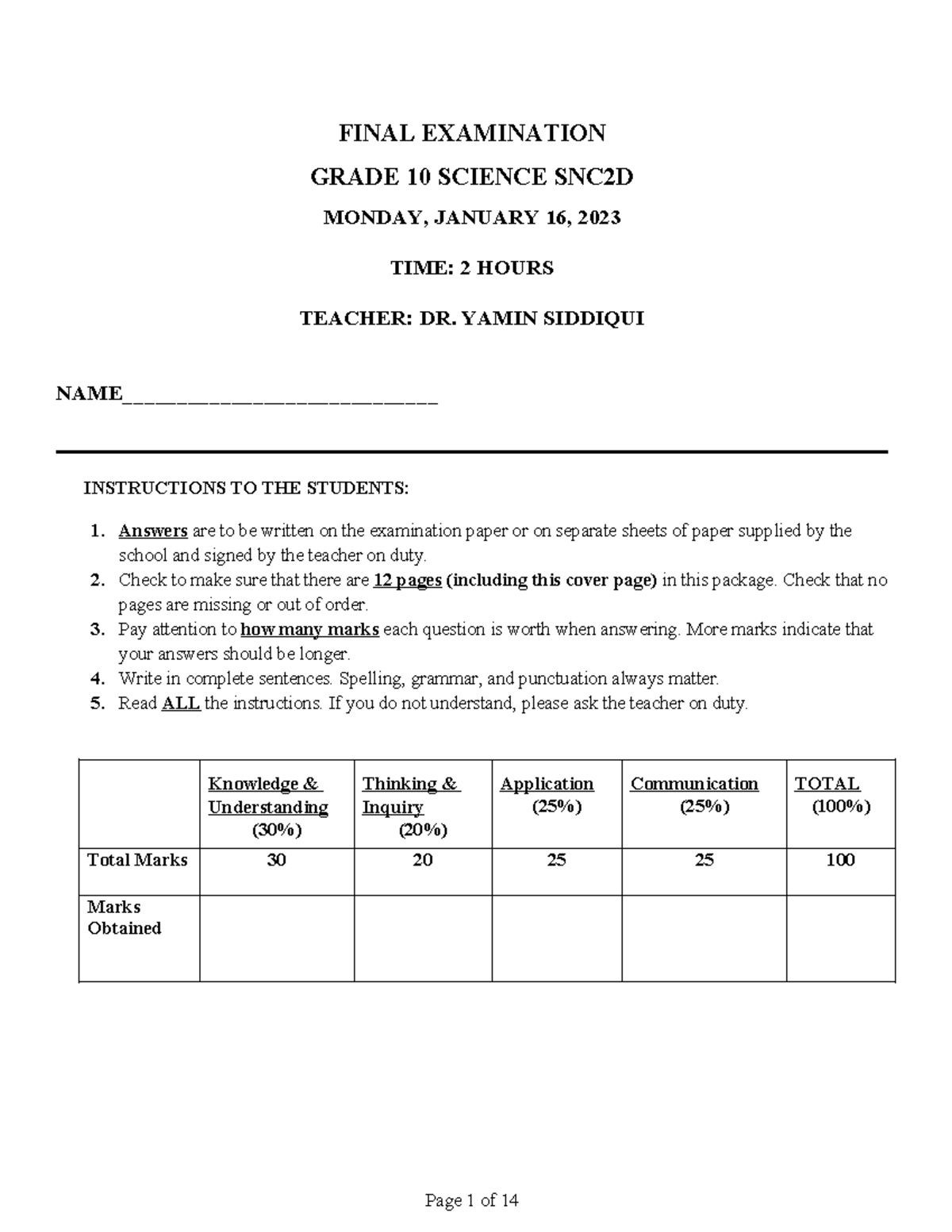 SNC2D Final Exam - Grade 10 Science - January 16, 2023 - Studocu