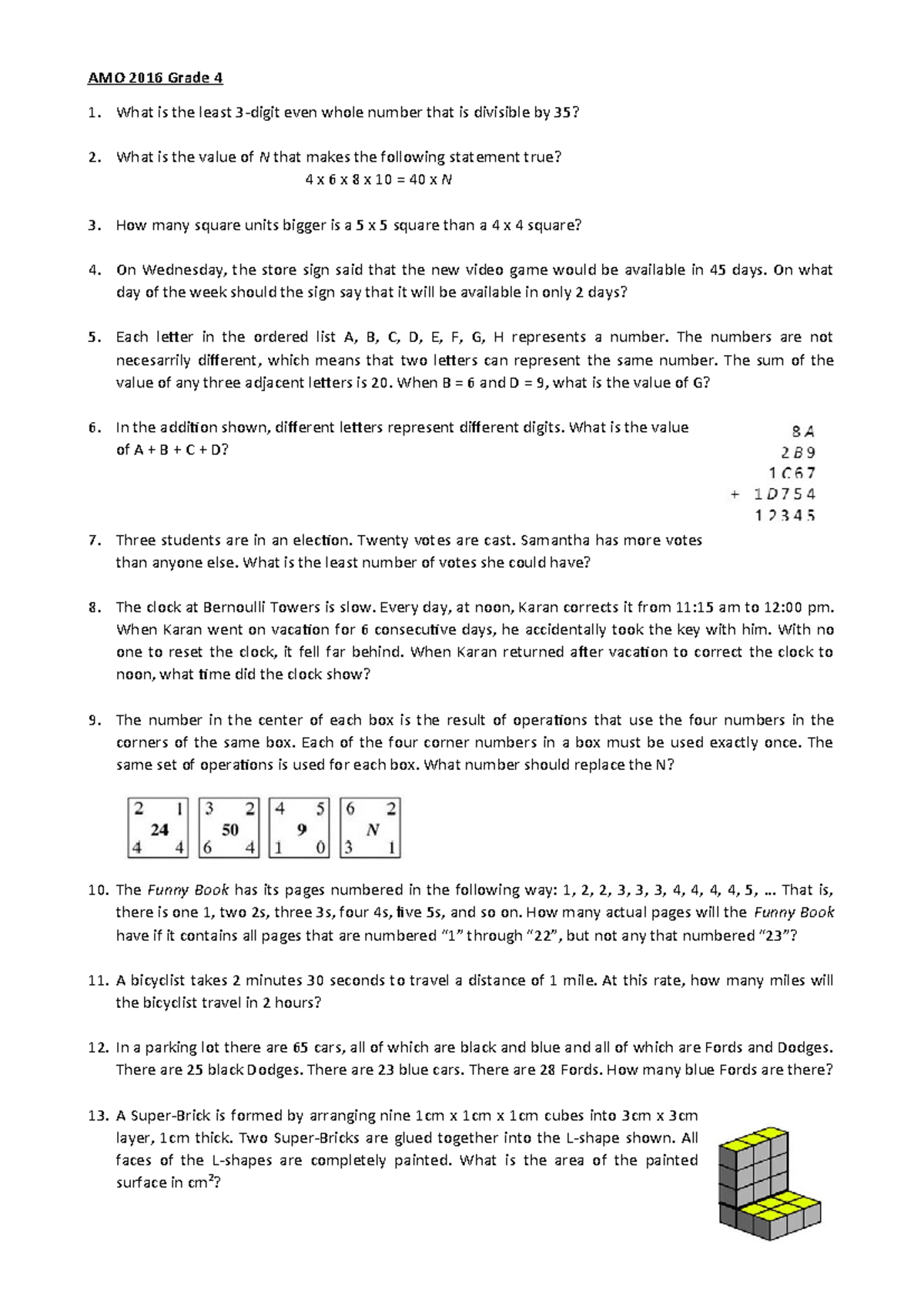 AMO 2016 Grade 4 Math Problems and Solutions - Studocu