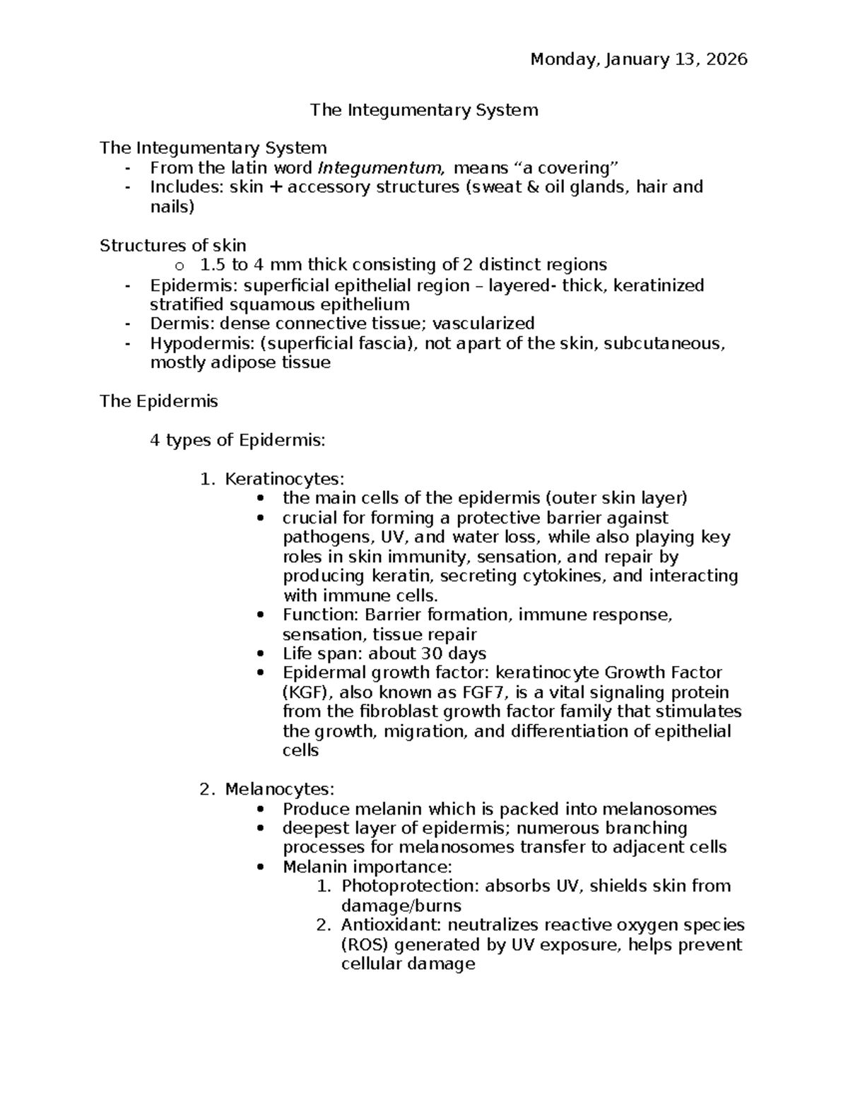 The Integumentary System: Lecture 1 & 2 Notes (BIO101) - Studocu